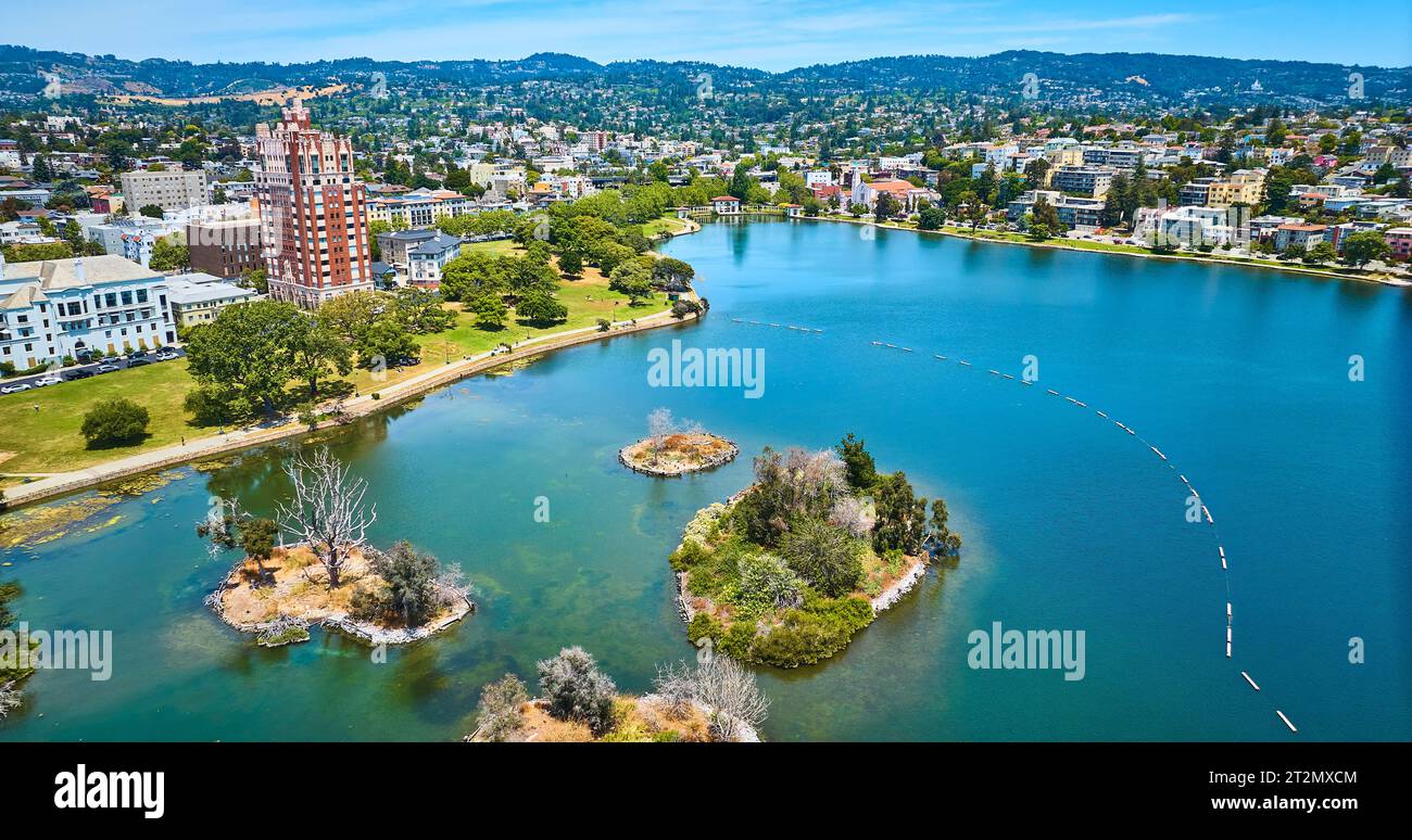 Pelican Island on Lake Merritt with aerial of Oakland City residential ...
