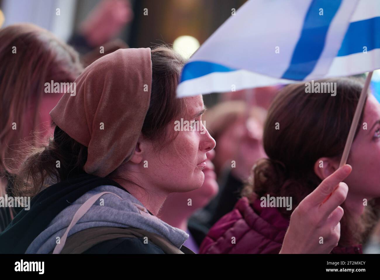 New York, New York, USA. 19th Oct, 2023. Woman holds up Israeli flag at ...