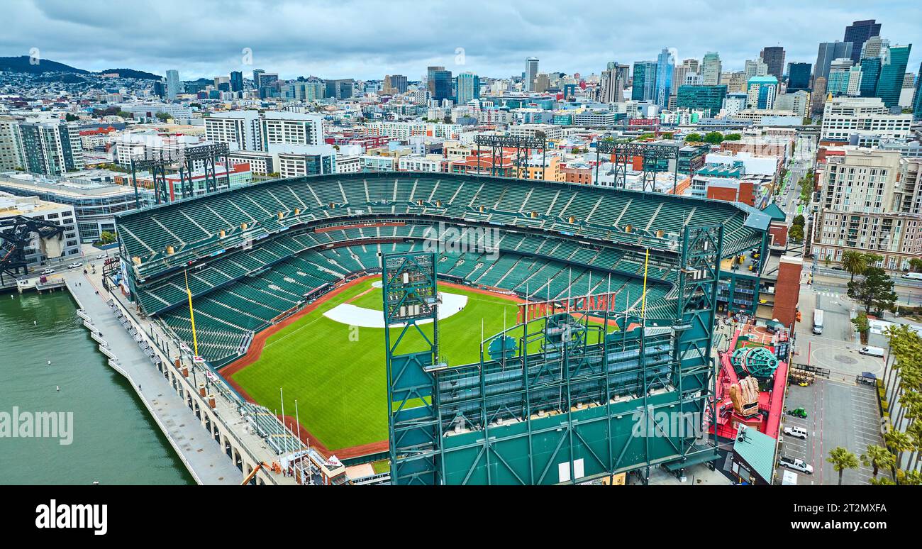 Aerial backside of Oracle Park with coca cola slide and view of city ...