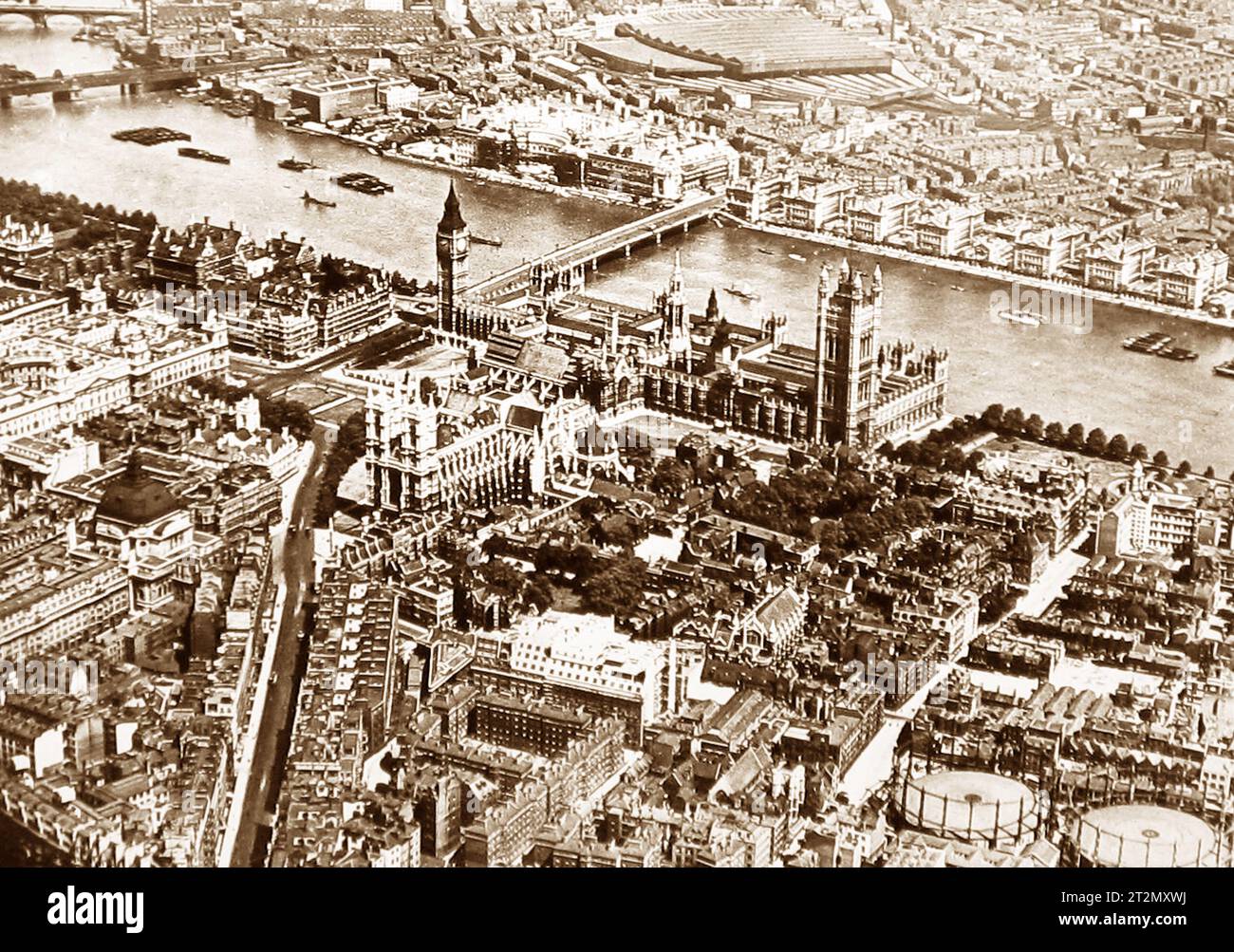 Houses of Parliament and Waterloo Station, London, from the air, early ...