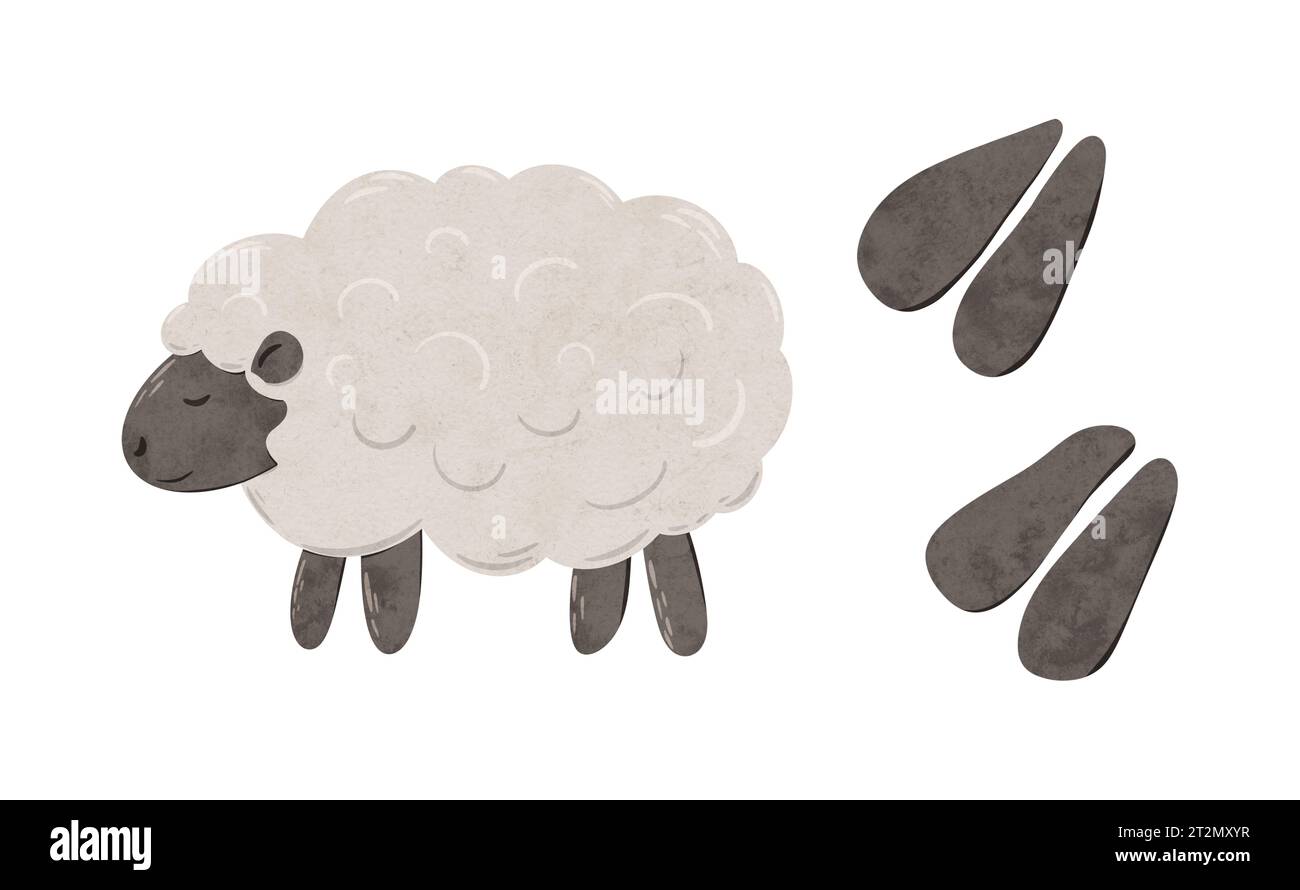 Set of Cartoon domestic sheep and footprint. Cute baby lamb. Digital ...