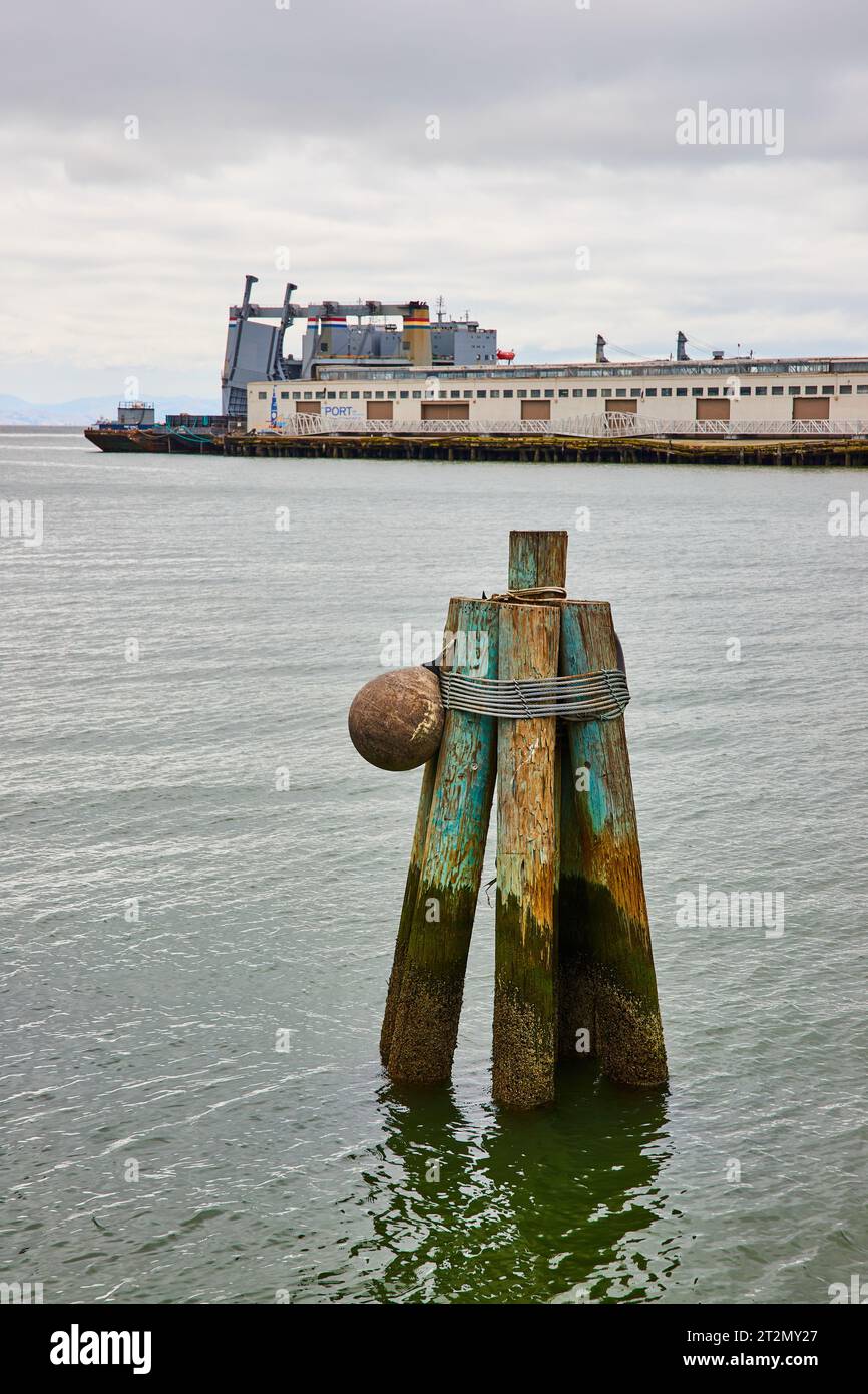 Multiple old worn down pier poles sticking out of water with Pier 40 in ...