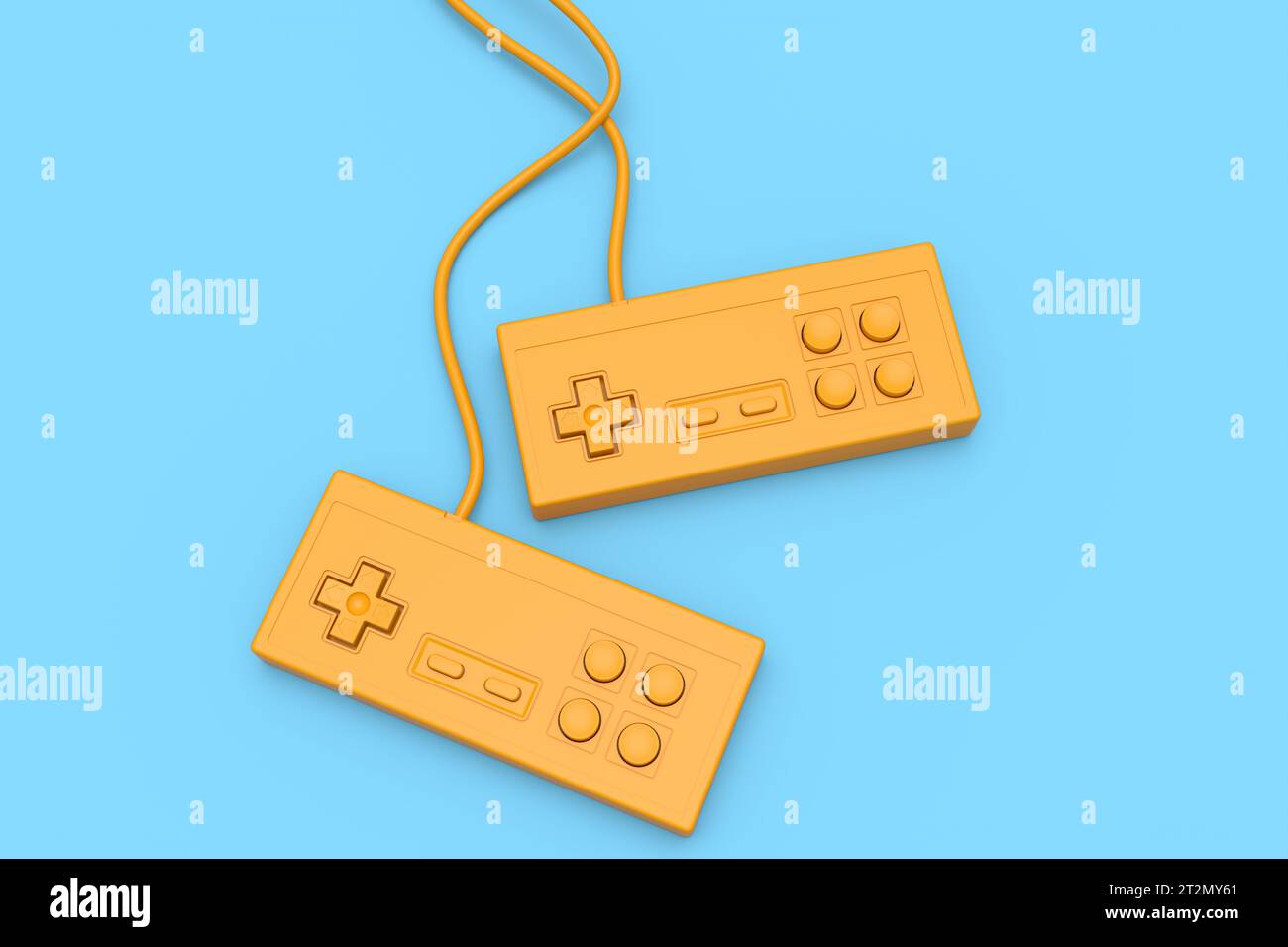 Retro computer gaming controller joystick on monochrome blue background ...