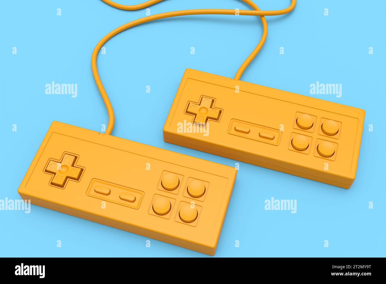 Retro computer gaming controller joystick on monochrome blue background ...