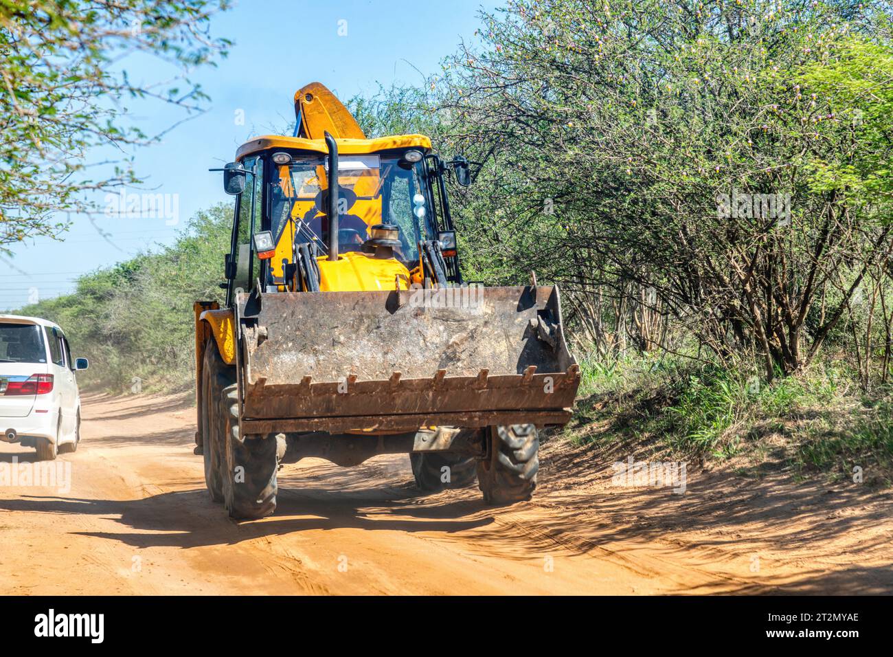 heavy loader driving on a dirt road in the bush going to the ...