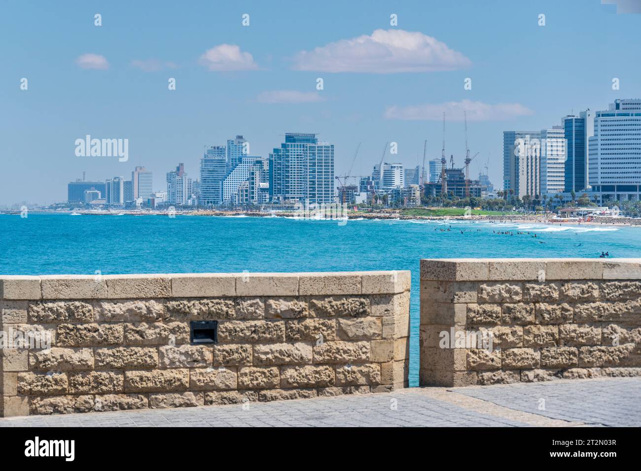 Tel Aviv, Israel coast line with skyscrapers, ocean, and walkway Stock ...