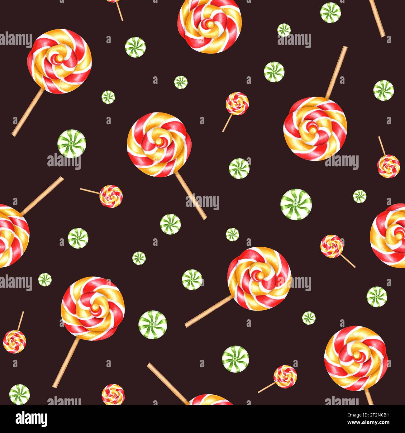 Seamless pattern of spiral lollipops, circle candies. Bonbons with ...