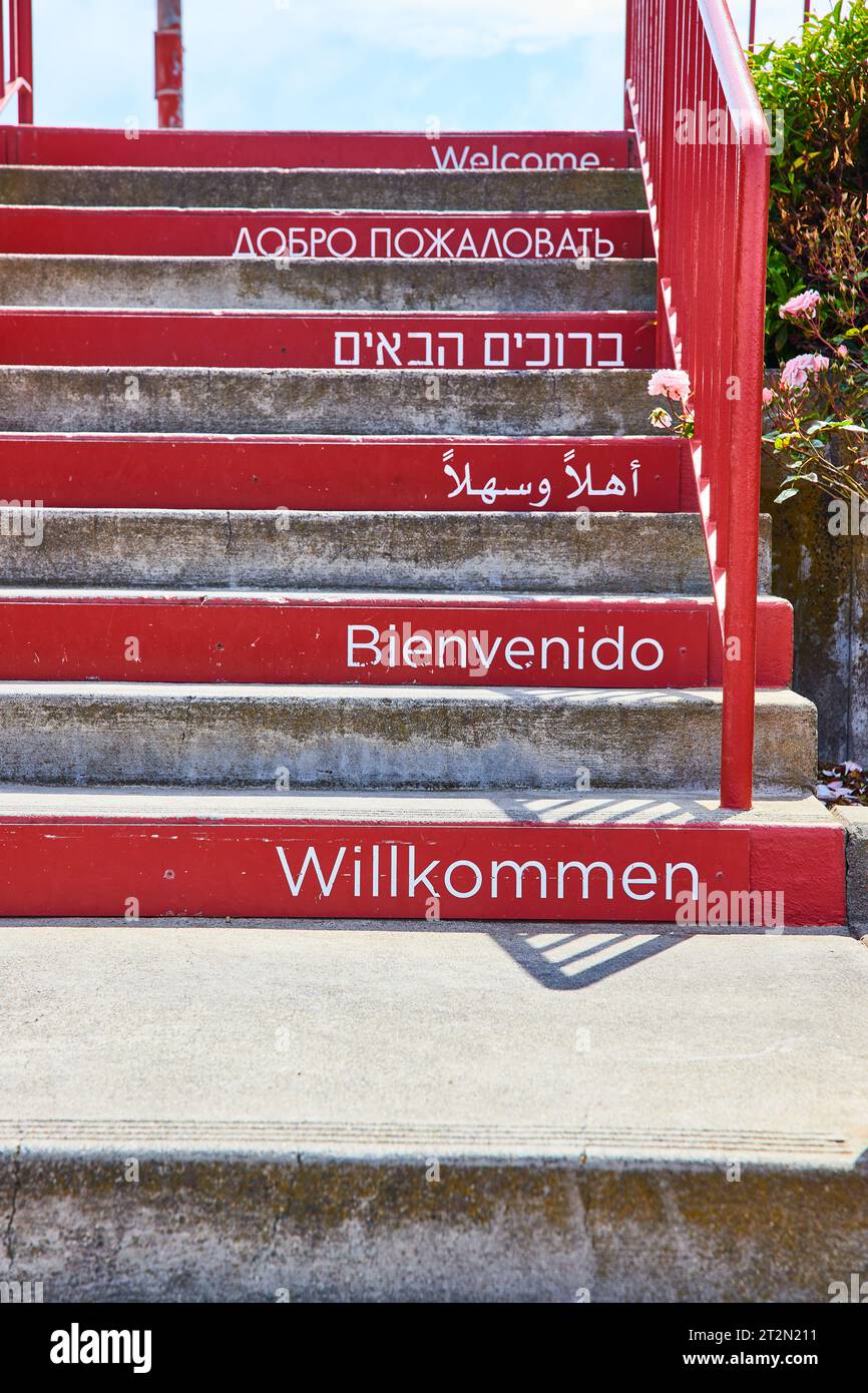 Steps of welcoming at Golden Gate Bridge in different languages Stock ...