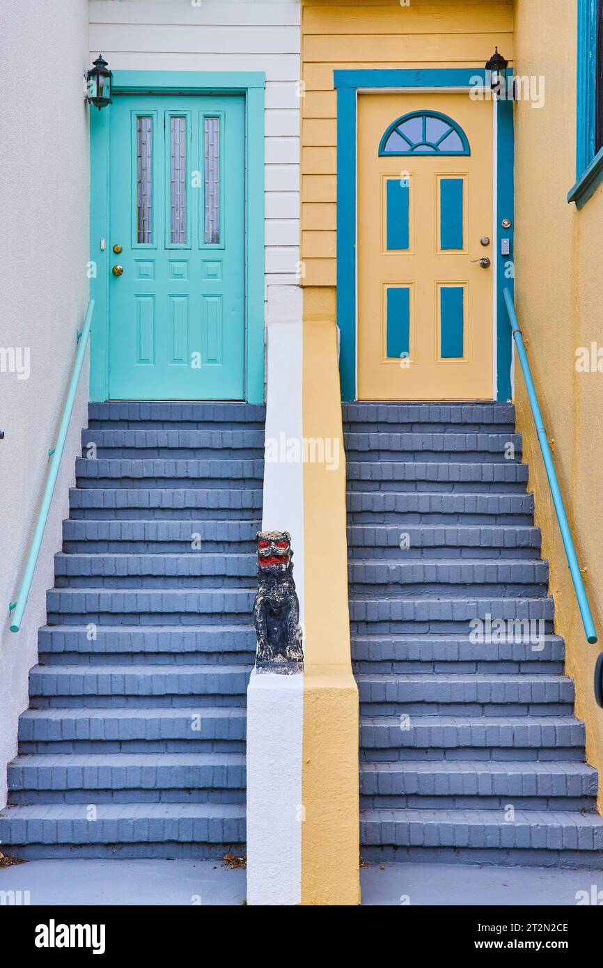 Split image of two doors with identical staircase one white house with ...