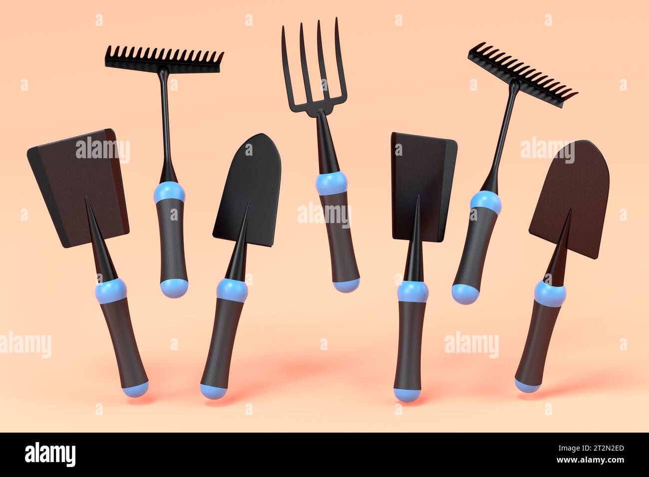 Garden shovel, pitchfork and rake on orange background. 3d render of ...