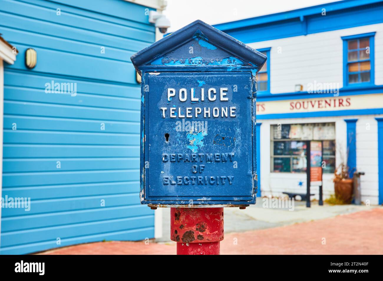 Retro Police Telephone Department of Electricity stand with red pole ...