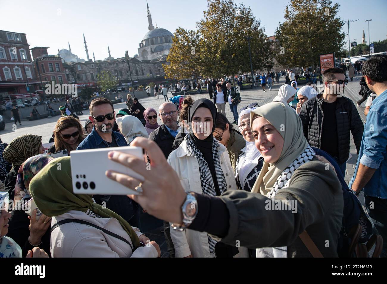 Istanbul, Turkey. 20th Oct, 2023. Women seen taking photos with Sumeyye ...