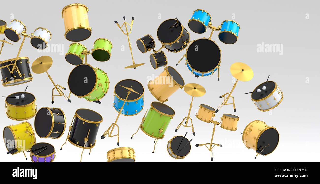 Many of flying drums with metal cymbals on white background. 3d render ...