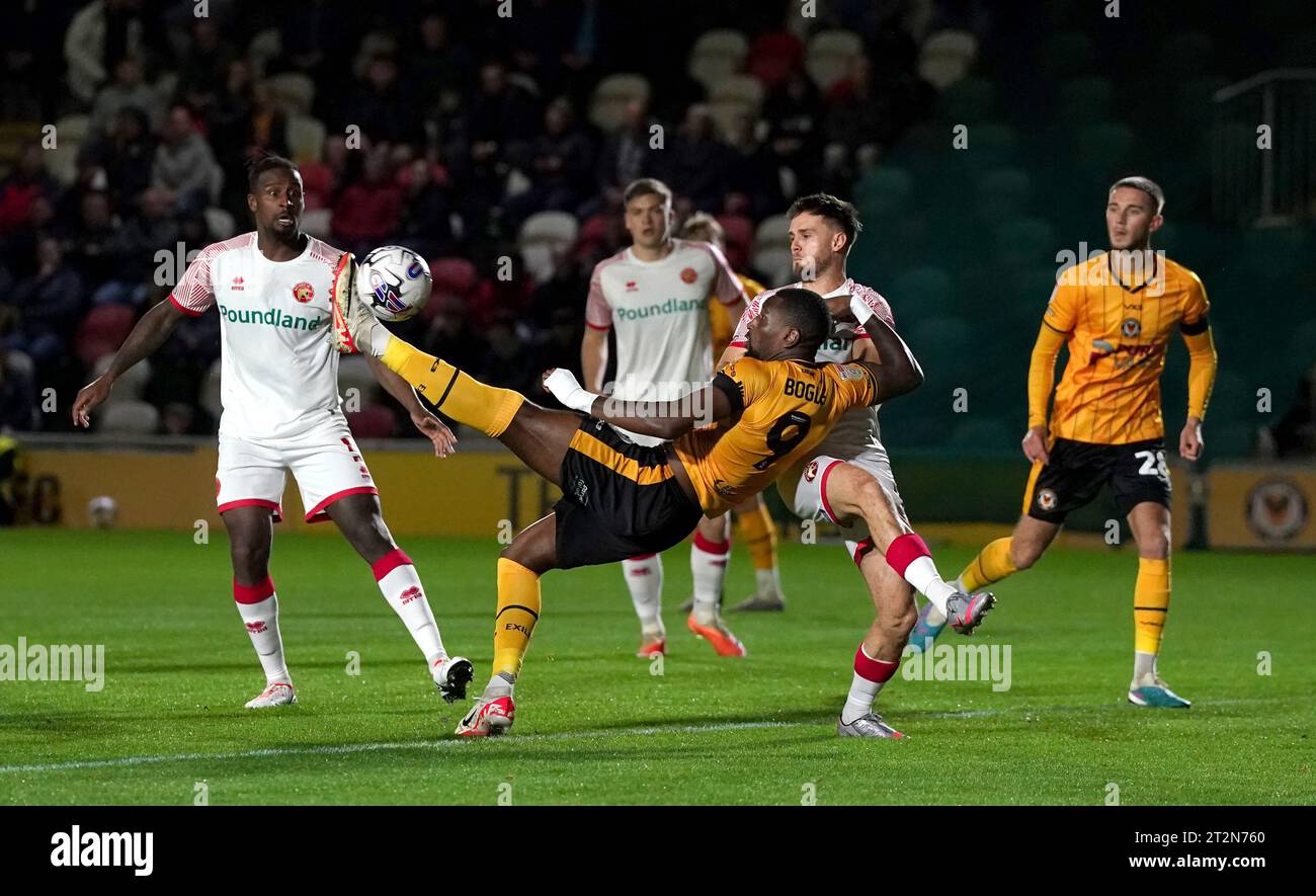 Newport County's Omar Bogle attempts an overhead kick during the Sky ...