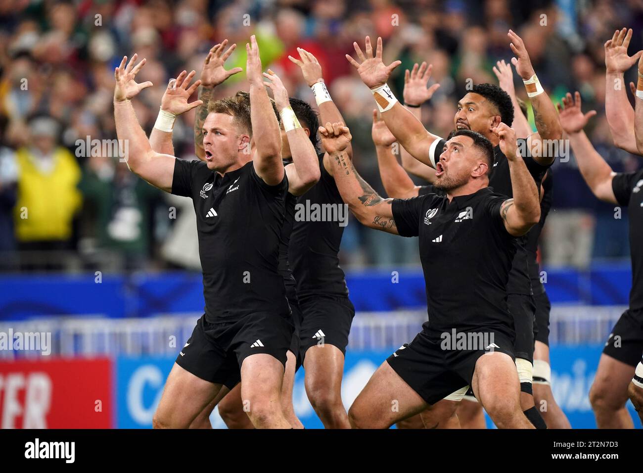 New Zealand players perform the Haka during the Rugby World Cup 2023 ...