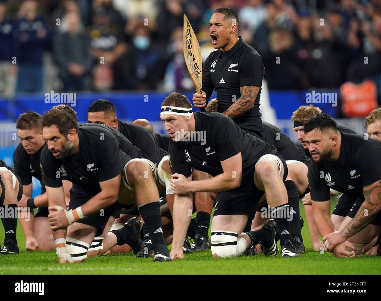 New Zealand's Aaron Smith leads his team-mates as they perform the Haka ...