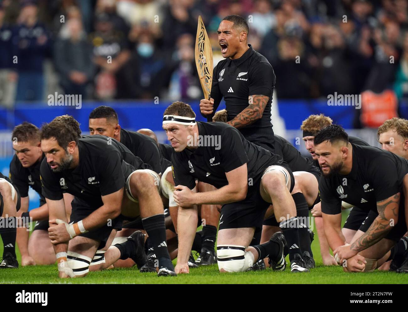 New Zealand's Aaron Smith leads his team-mates as they perform the Haka ...
