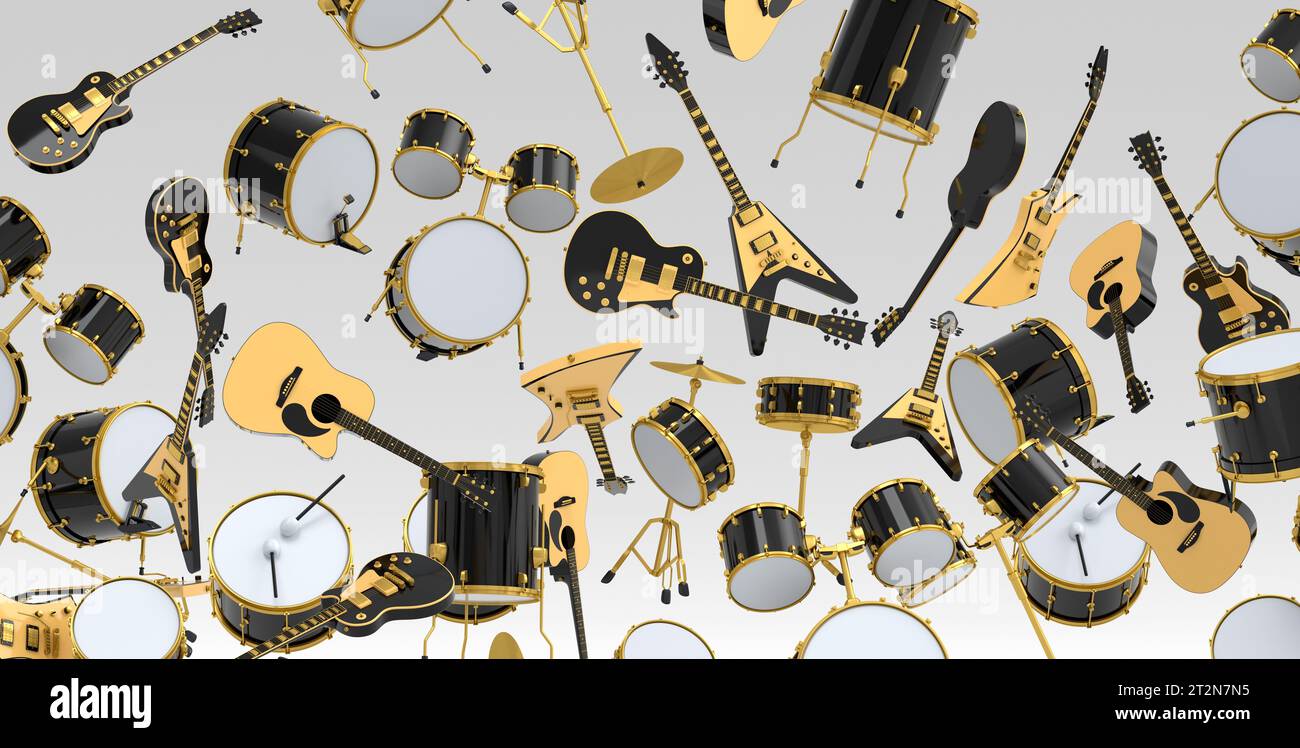 Many of flying acoustic guitars, drums with metal cymbals or drumset ...