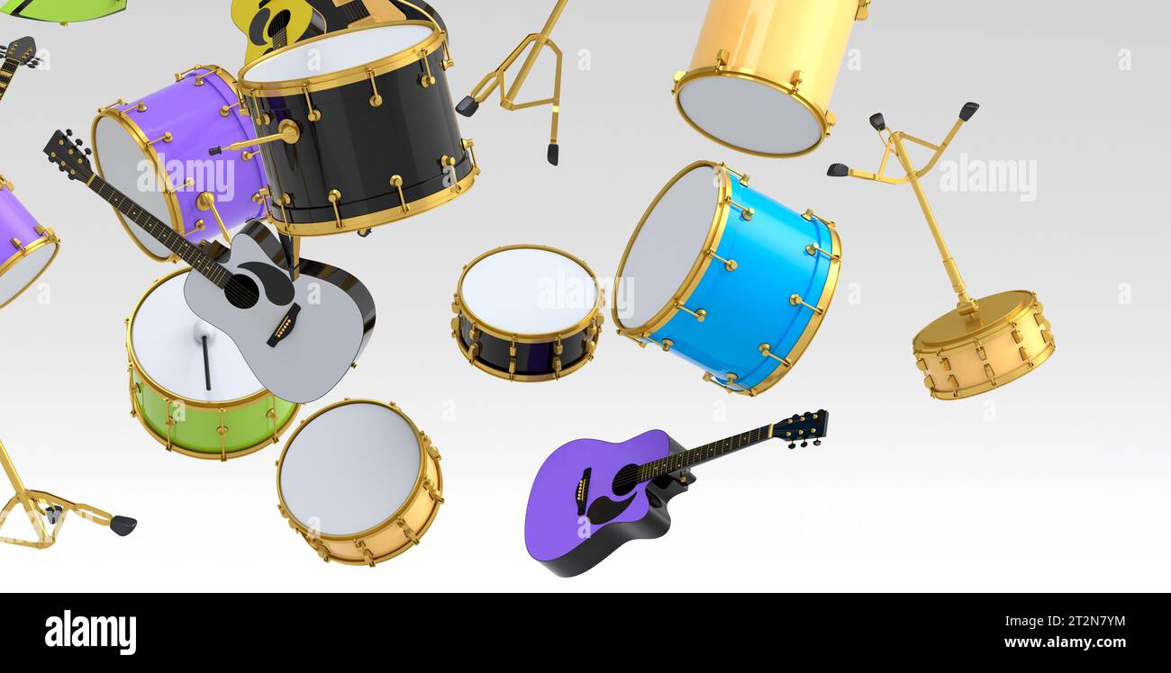 Many of flying acoustic guitars, drums with metal cymbals or drumset ...
