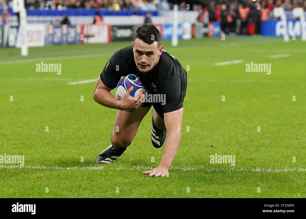 New Zealand's Will Jordan dives in to score his sides first try during ...