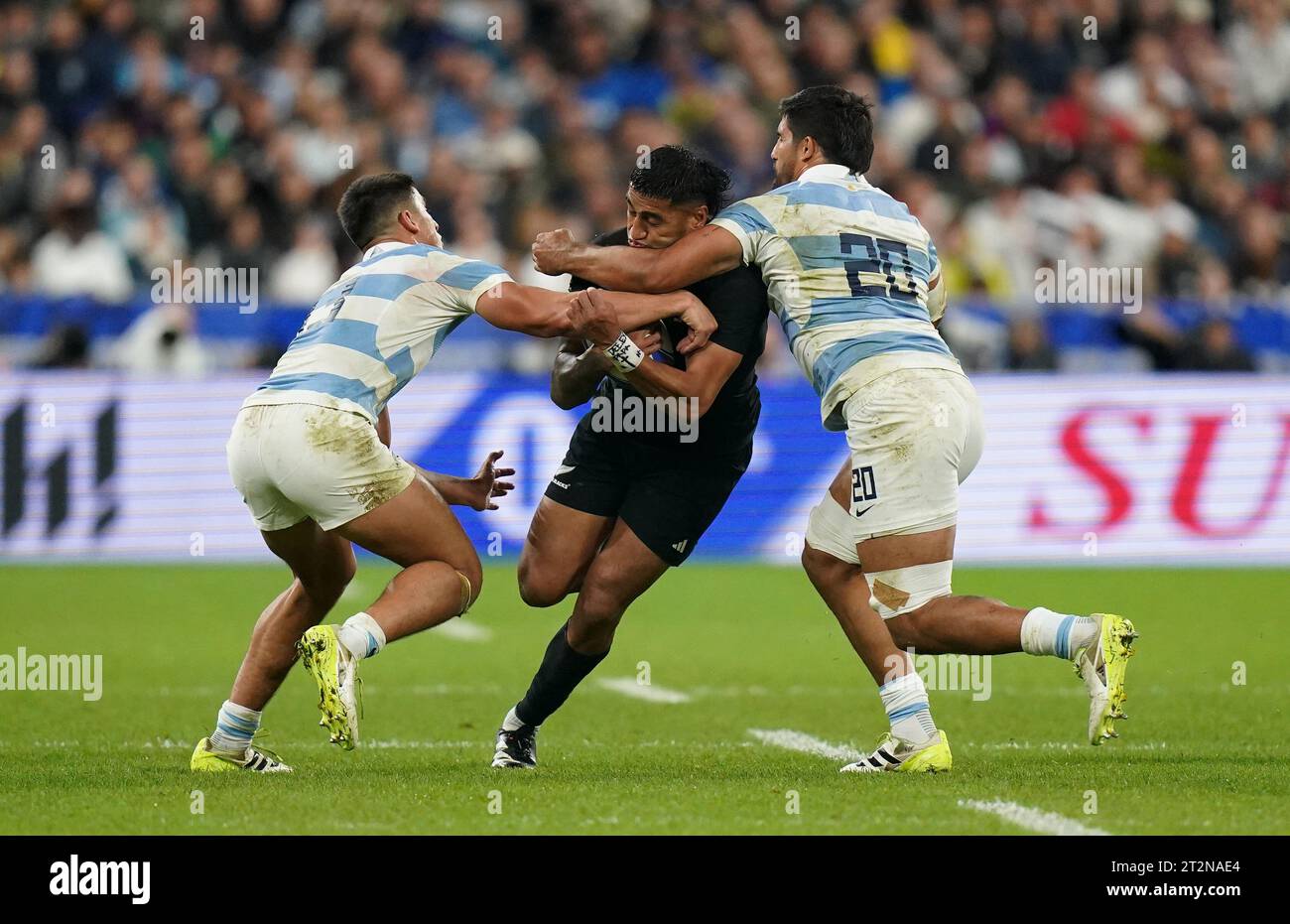 New Zealand's Rieko Ioane is tackled by Argentina's Rodrigo Bruni ...