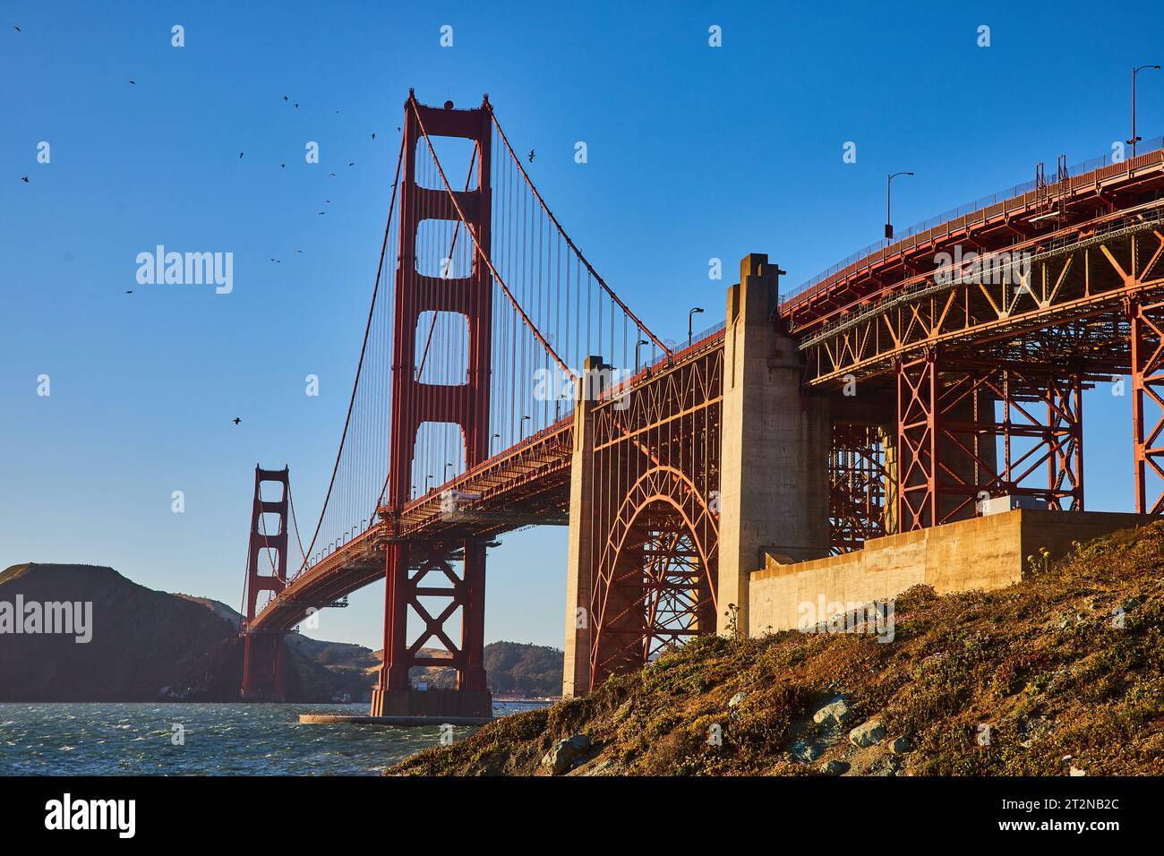 Base of Golden Gate Bridge with grassy hillside and bay waters Stock ...