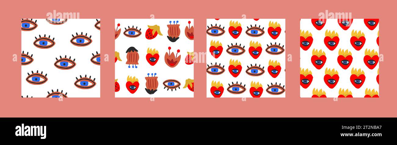 Vector set of seamless patterns with doodle eyes and hearts with fire ...