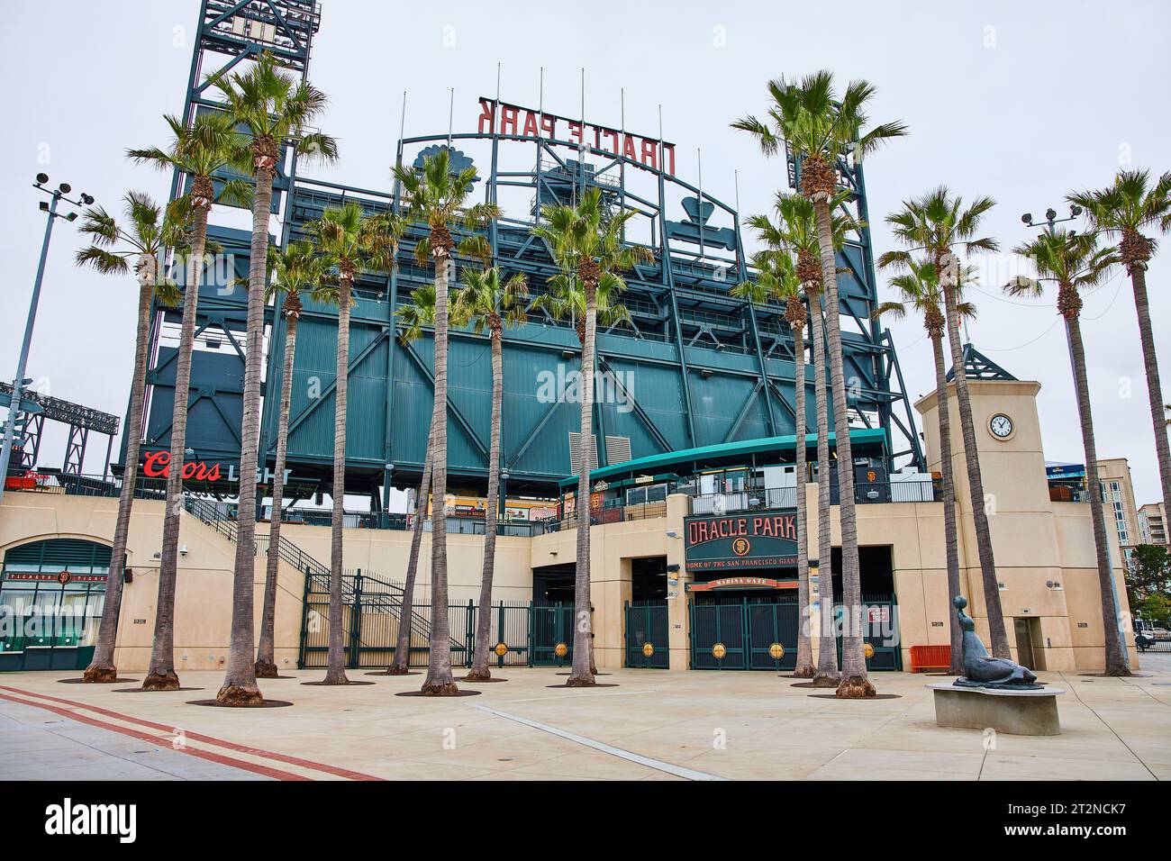 Oracle Park Marina Gate entrance with palm trees and seal statue Stock ...