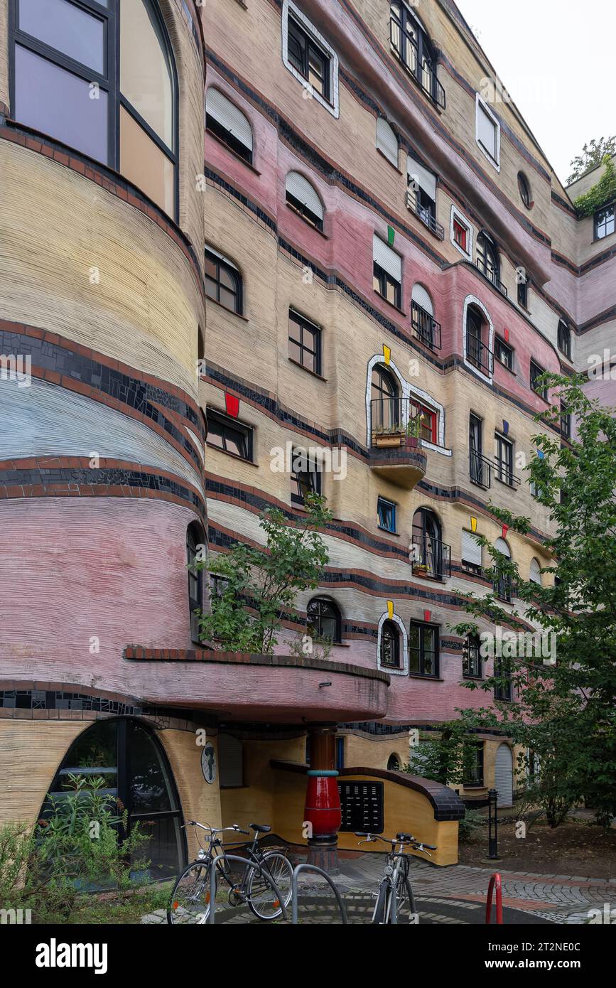 Focus on colorful residential building complex Waldspirale designed by ...