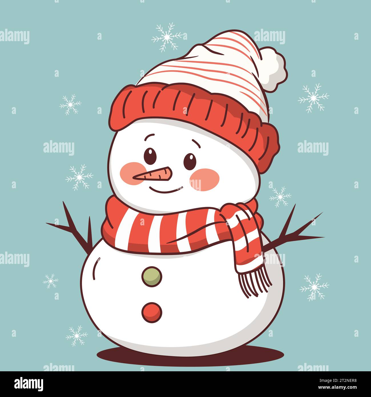 Cute snowman in hat and scarf in cartoon style. Vector illustration ...
