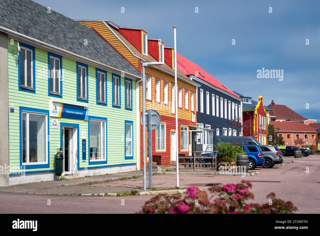 Saint Pierre colorful storefronts. Part of a French Archipelago south ...