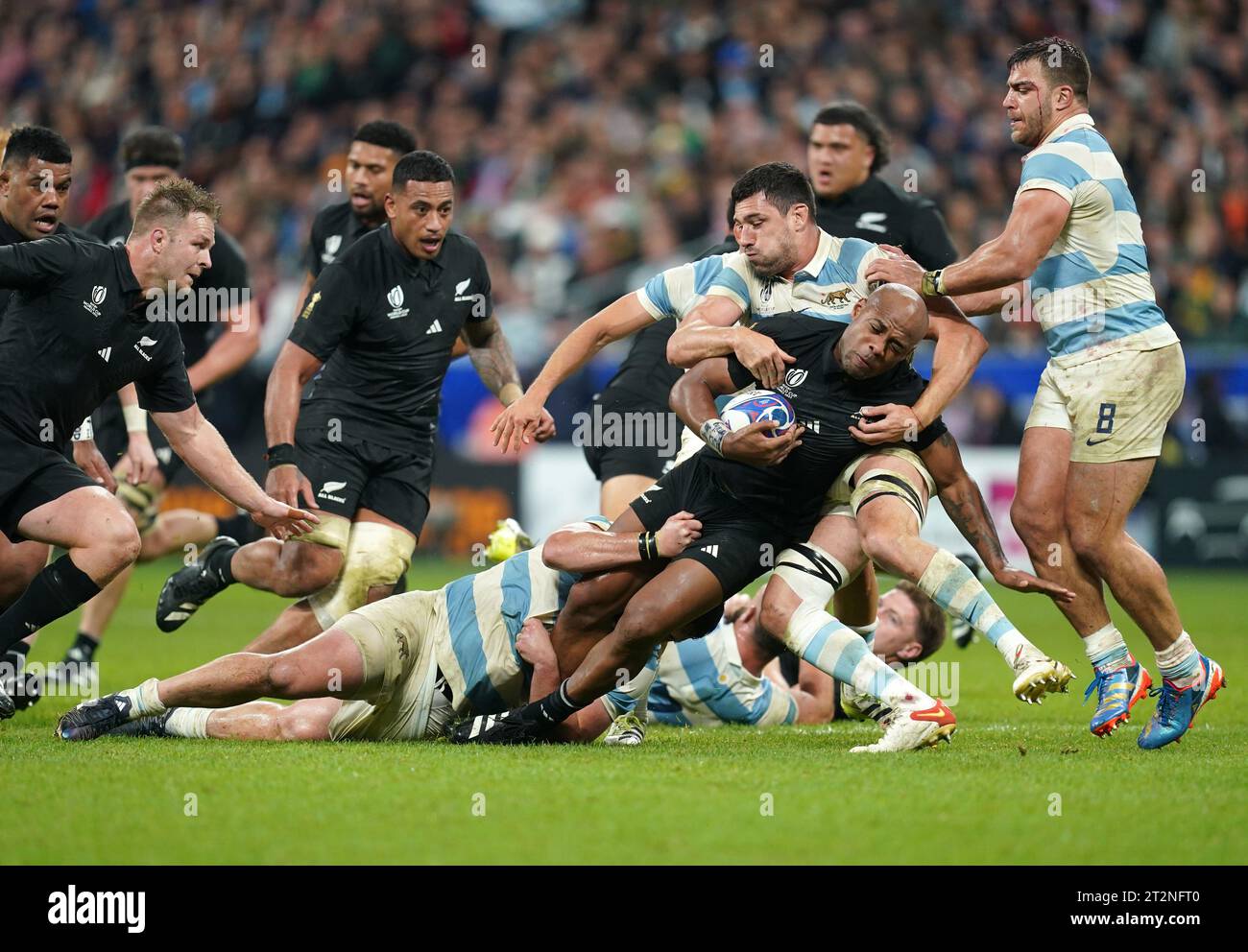 New Zealand's Mark Telea brought down during the Rugby World Cup 2023 ...