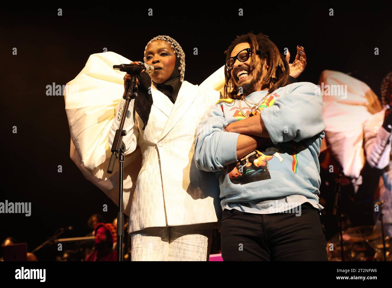 BROOKLYN, NY - OCTOBER 19: Lauryn Hill and Rohan Marley on stage as ...