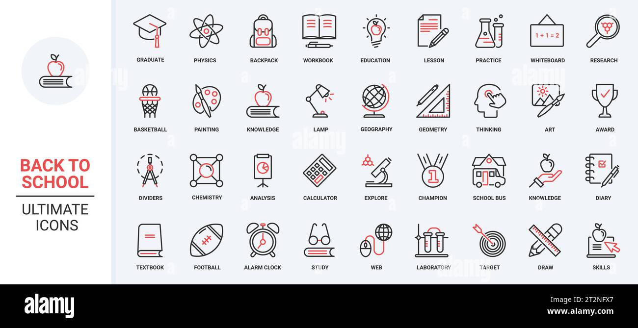 Red black thin line icons set for school, college and university ...