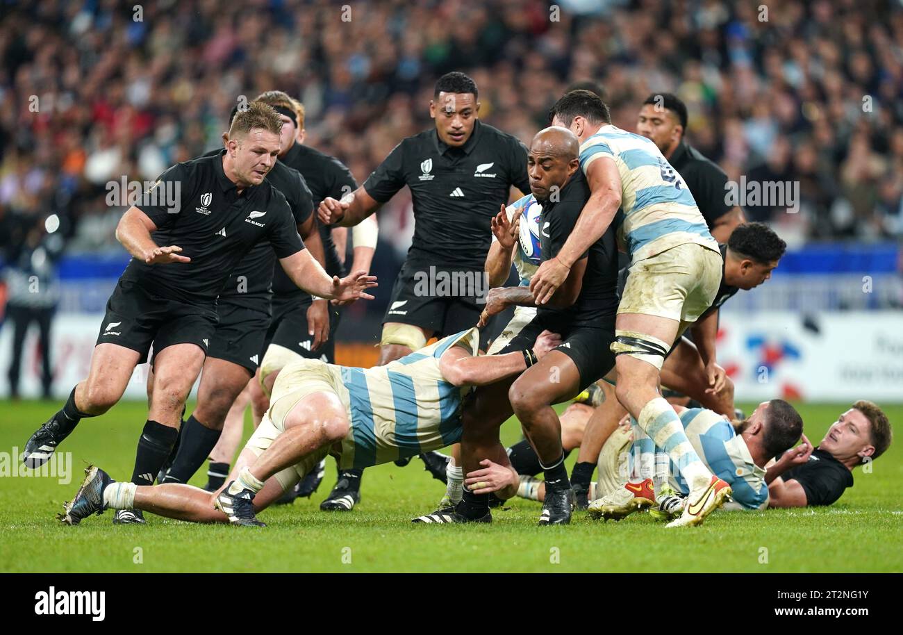 New Zealand's Mark Telea brought down during the Rugby World Cup 2023 ...