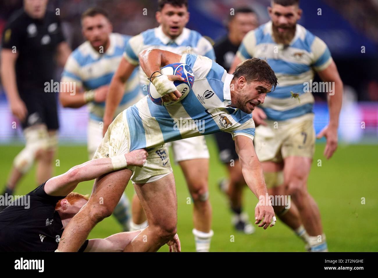 Argentina's Juan Cruz Mallia is tackled during the Rugby World Cup 2023 ...
