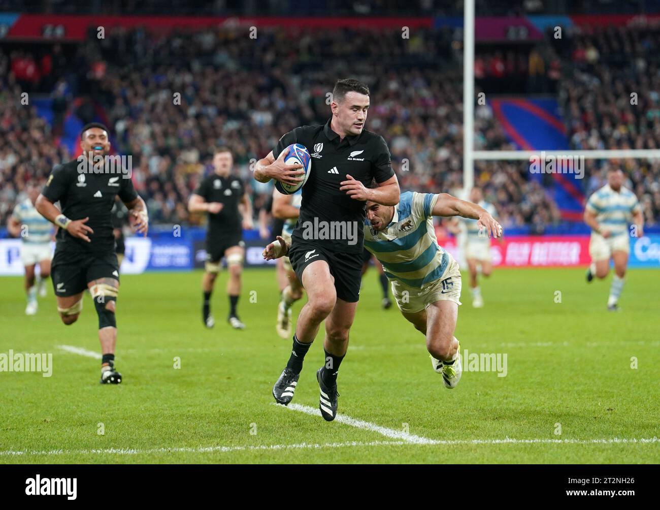 New Zealand's Will Jordan scores their side's seventh try of the game ...