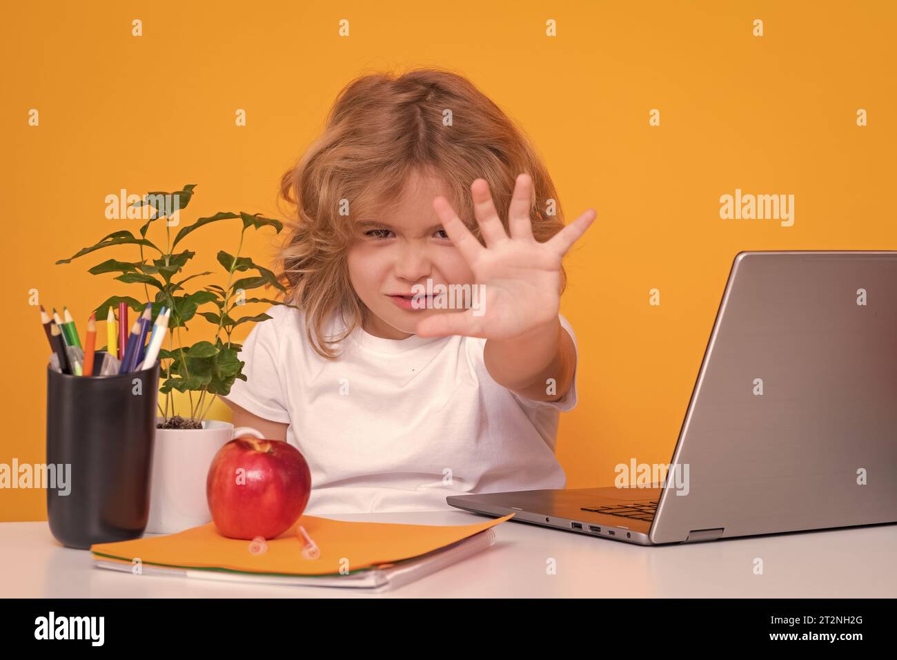 Stop bullying. Sad and angry pupil. School child using laptop computer ...