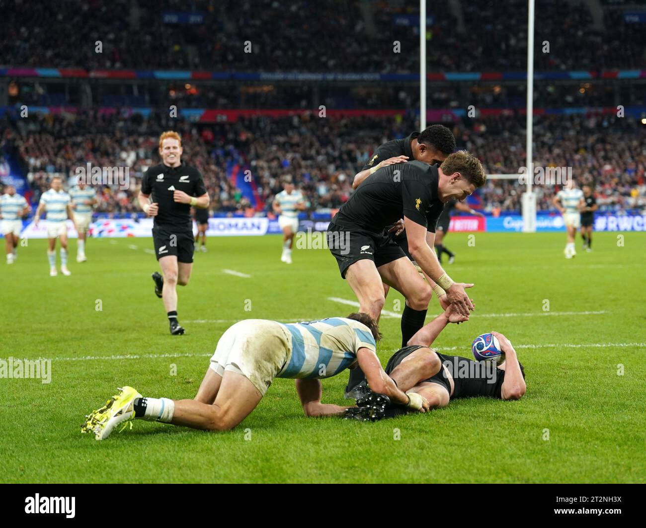 New Zealand's Will Jordan celebrates scoring their side's seventh try ...