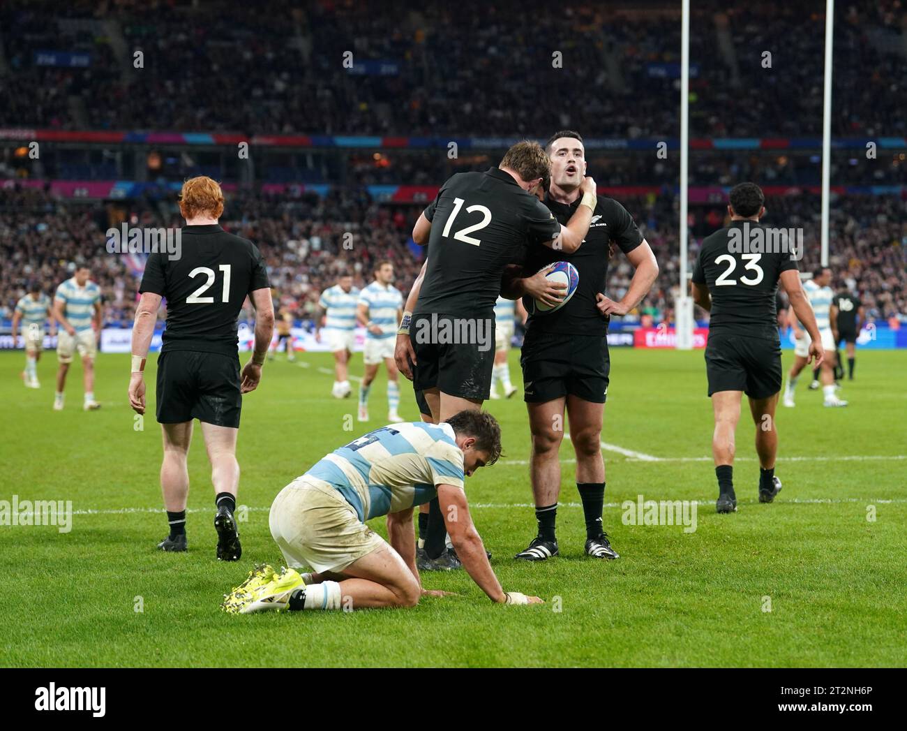 New Zealand's Will Jordan (second right) celebrates scoring their side ...