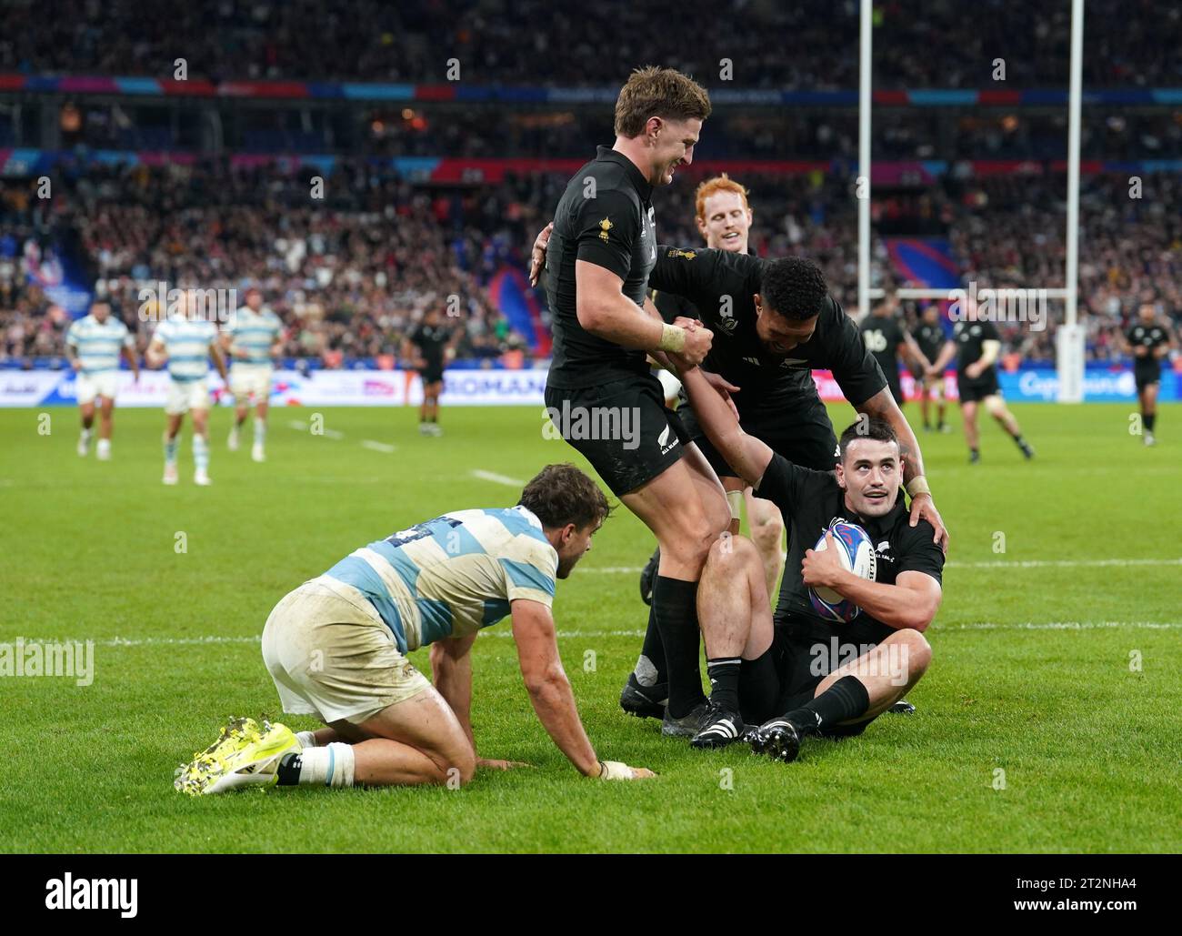 New Zealand's Will Jordan celebrates scoring their side's seventh try ...