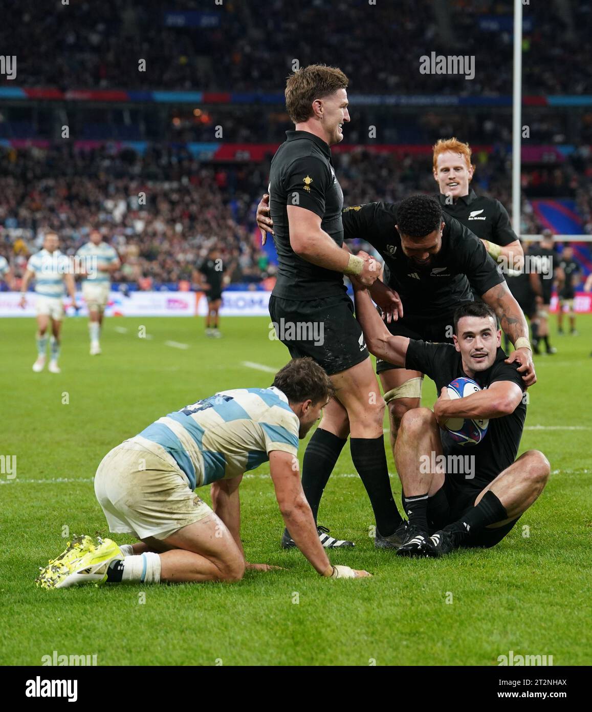 New Zealand's Will Jordan celebrates scoring their side's seventh try ...