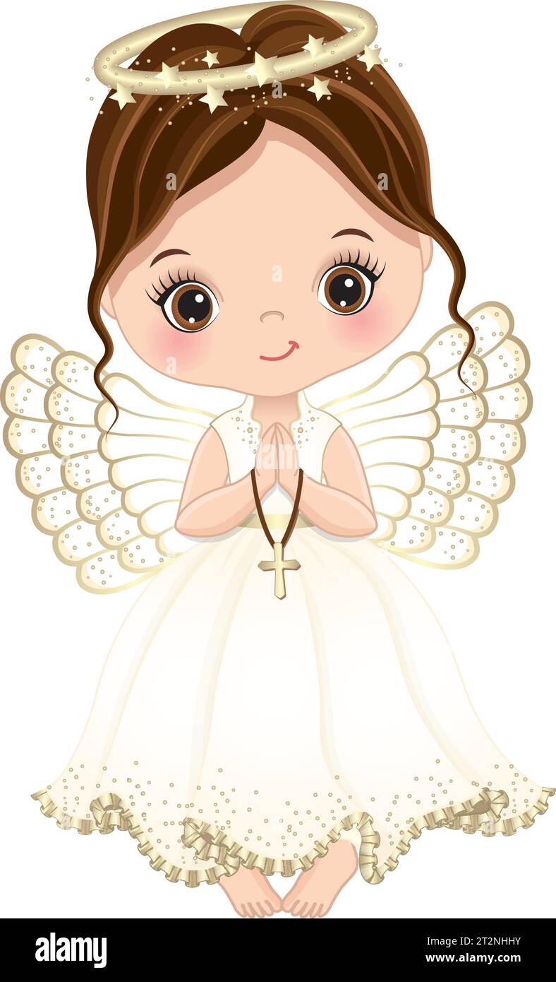 Nativity Cute Angel Girl Holding Cross. Vector Angel Little Girl Stock ...