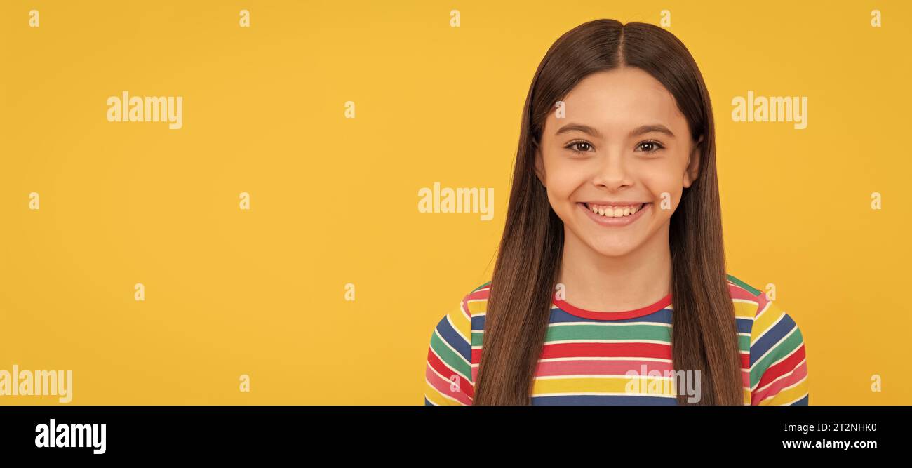 Happy girl child smile yellow background. Child face, horizontal poster ...