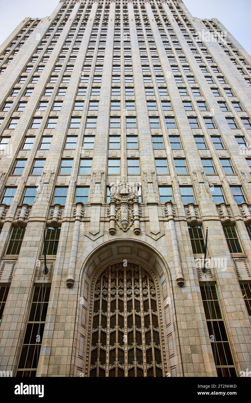 Upward view of tall The Palace hotel building entrance and windows ...
