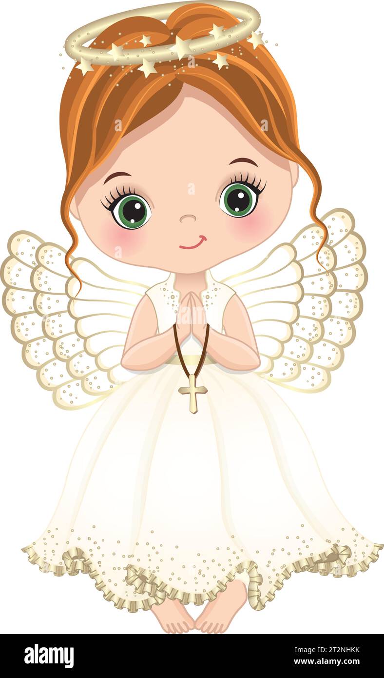 Nativity Cute Angel Girl Holding Cross. Vector Angel Little Girl Stock ...