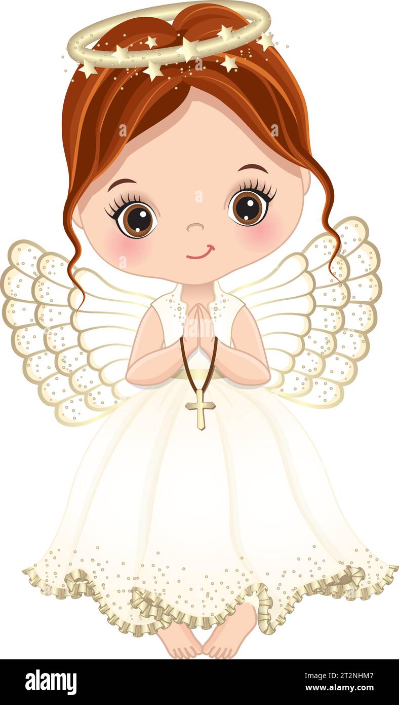 Nativity Cute Angel Girl Holding Cross. Vector Angel Little Girl Stock ...