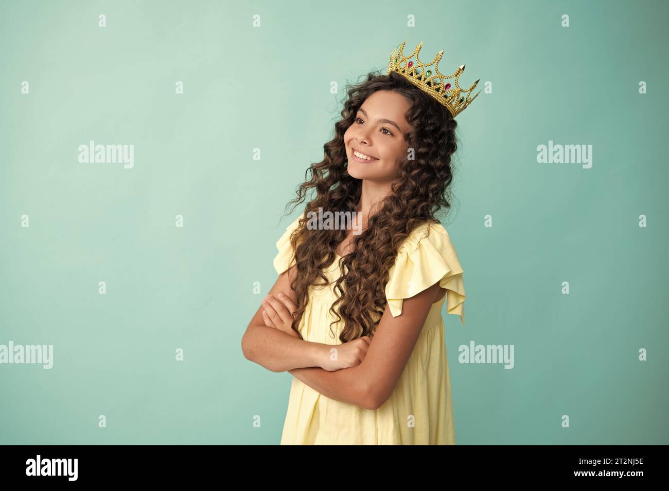 Happy teenager. Girls birthday party, funny kid in crown. Imagine ...