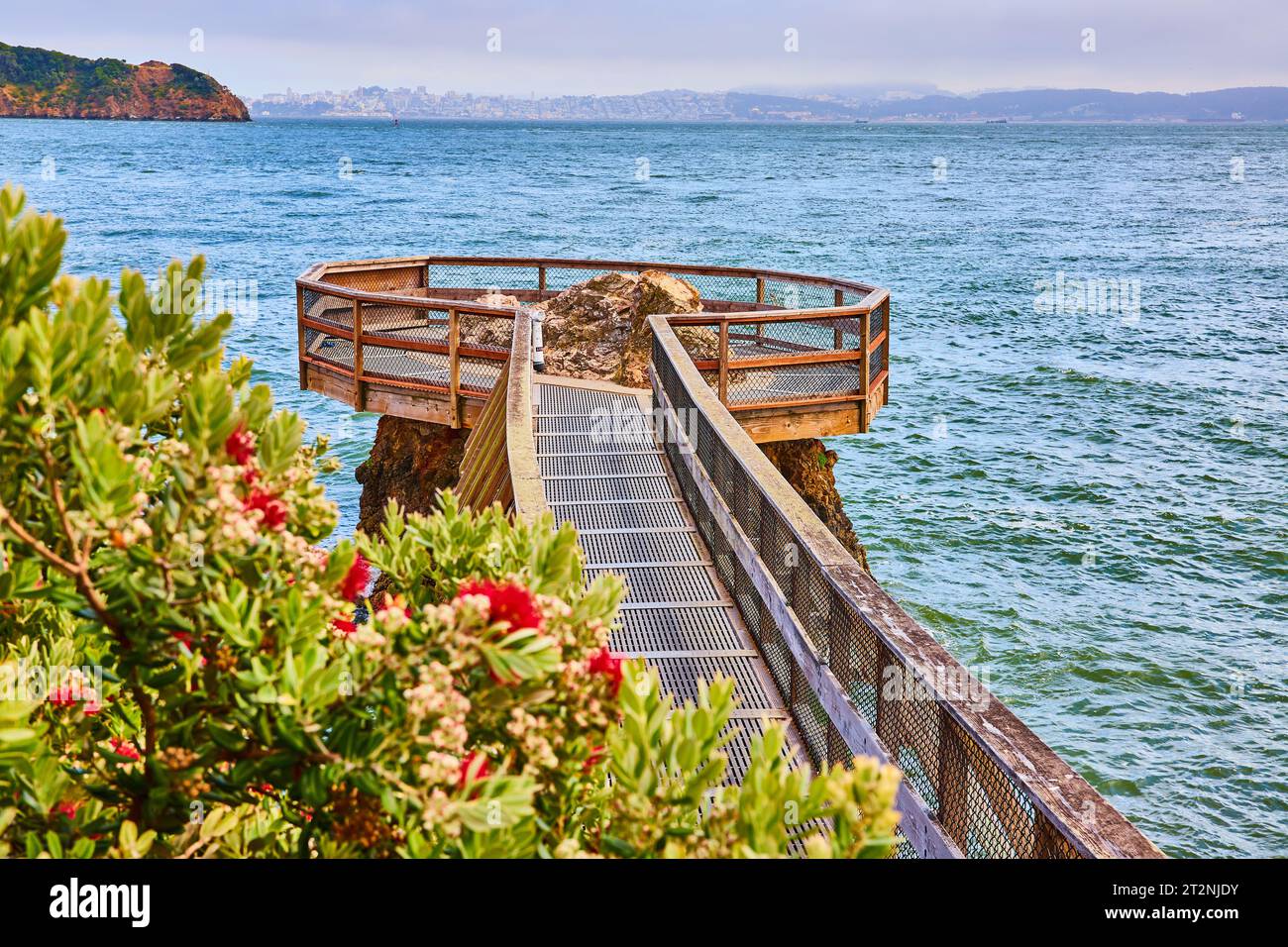 Elephant Rock at end of pier with red flowering bush and distant ...