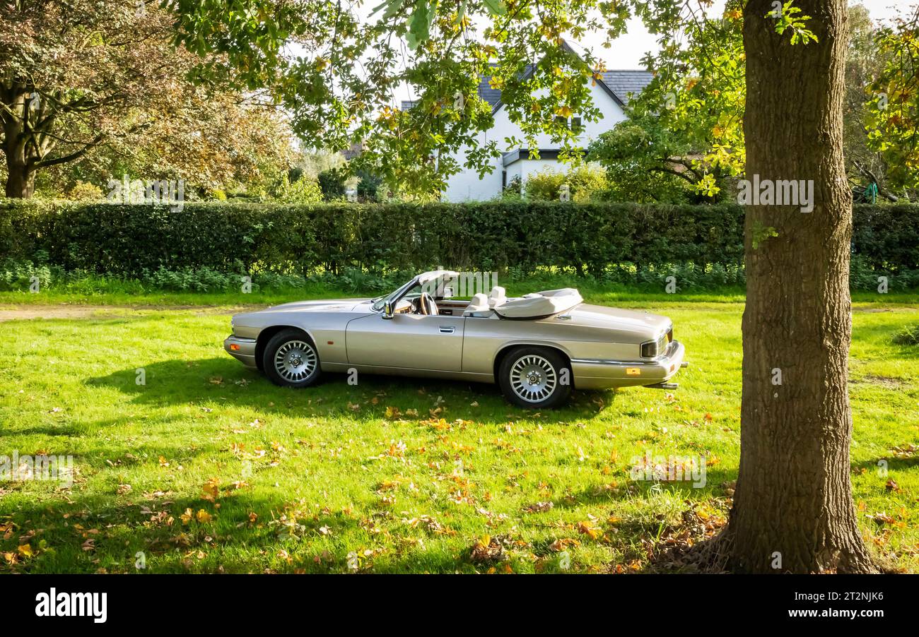 Convertible Jaguar XJS with top down in a country field in Autumn Stock ...